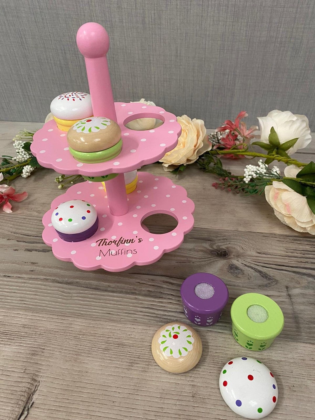 Personalised Wooden Muffin Stand Play Set: Engraved Cake Toy - Etsy