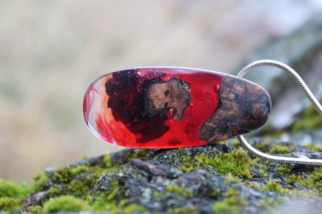 Wood Resin Necklace, Red Resin Necklace, Wood and Resin, Resin Necklace ...