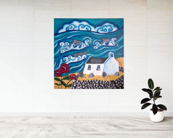 Mwnt West Wales, Dolphins Painting, Swimming Dolphins Canvas, Wales ...