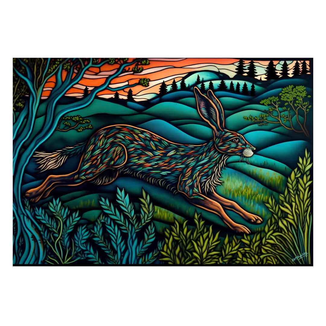The Hare, Hare Painting, Hare Print, Running Hare Art Print, Stained ...