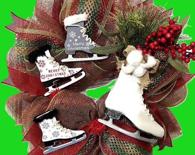 Ice Skate Wreath, Christmas Wreath, Deco Mesh Wreath, Front Porch ...