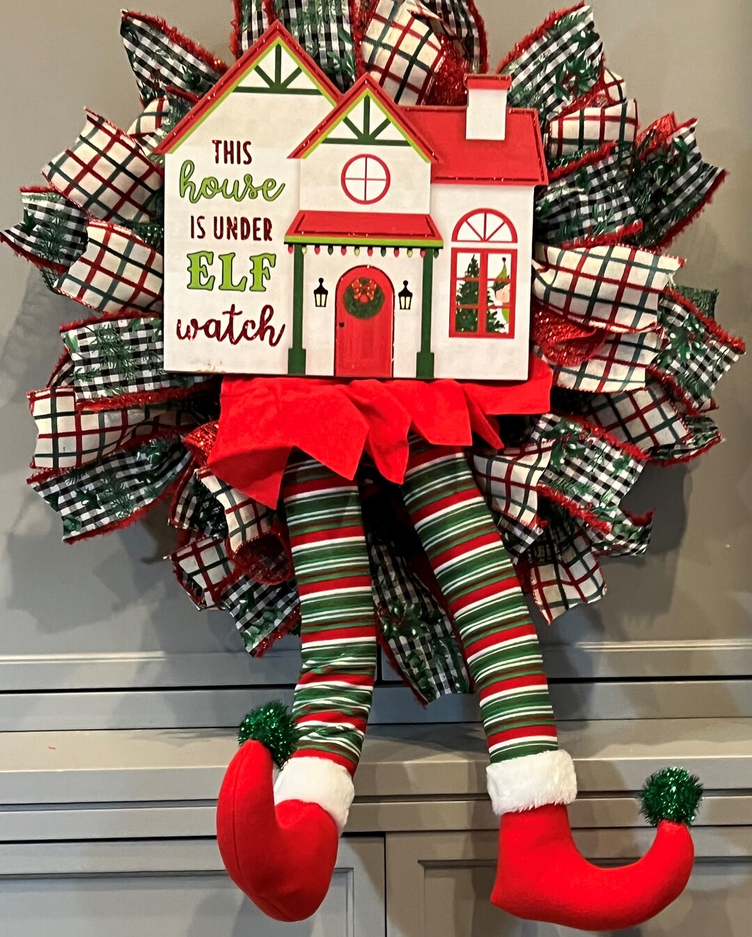 Elf Wreath, Christmas Elf Wreath, Door Wreath, Elf Decoration, Green ...