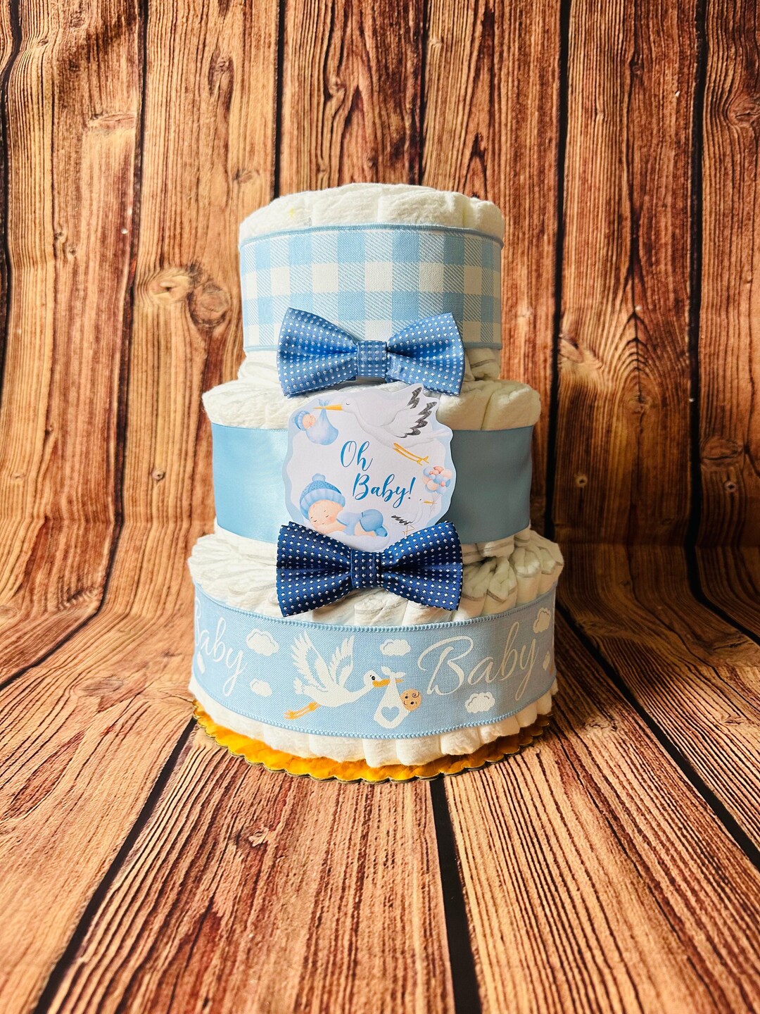 Stork Blue Diaper Cake Baby Shower Gift for Boy With Baby Bow Ties ...