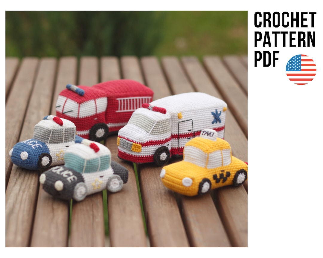 Amigurumi Crochet Patterns Set: Police Car, Taxi, Fire Truck and ...