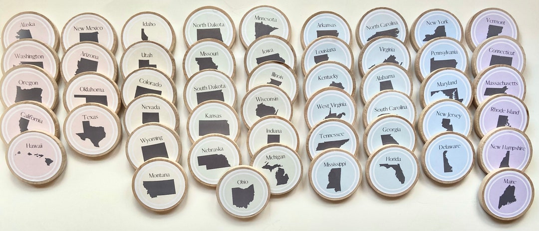 US States BUNDLE Wooden Tokens/magnets and Flashcards for Learning 50 ...