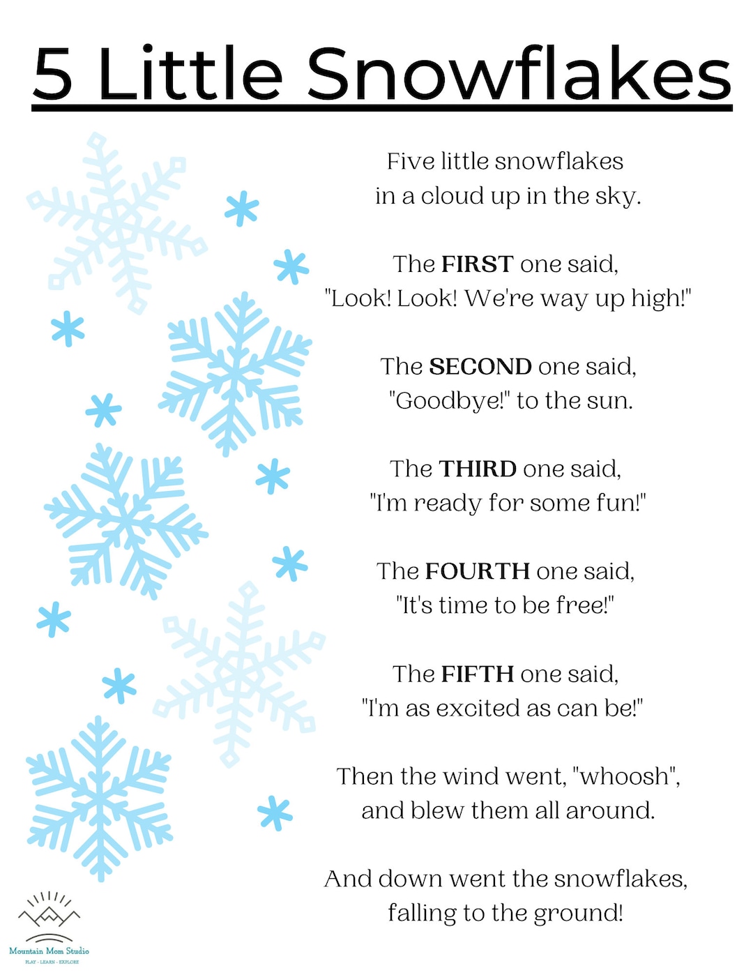 Five Little Snowflakes Poem - Interactive Poetry - Winter Poetry ...