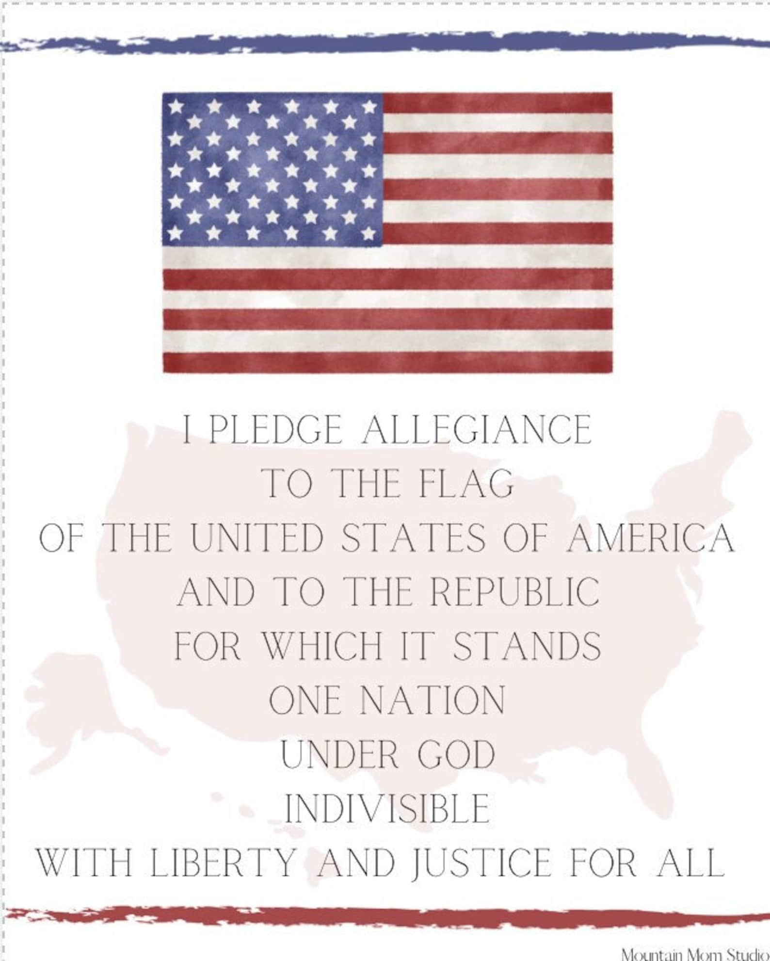 Pledge of Allegiance With American Flag Watercolor Inspired Rustic USA ...
