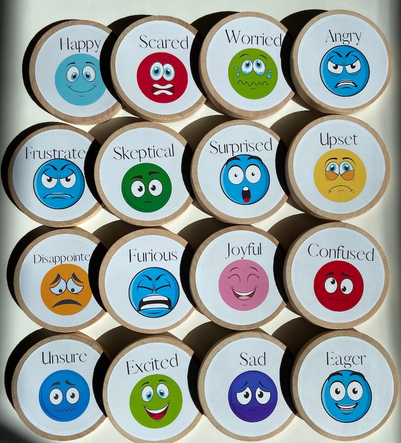 Wooden Emotions and Feelings Coins + Magnets for Learning-elementary ...