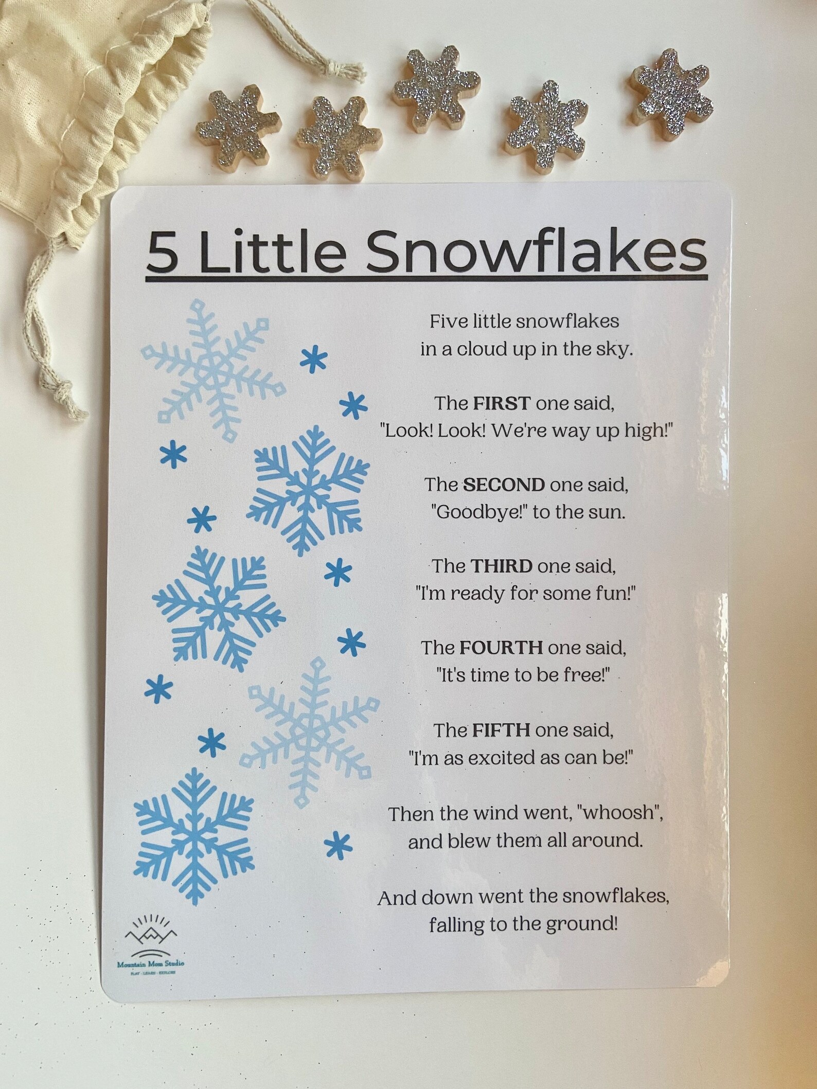 Five Little Snowflakes Poetry Set - Set of 5 Wooden Glittery Snowflakes ...