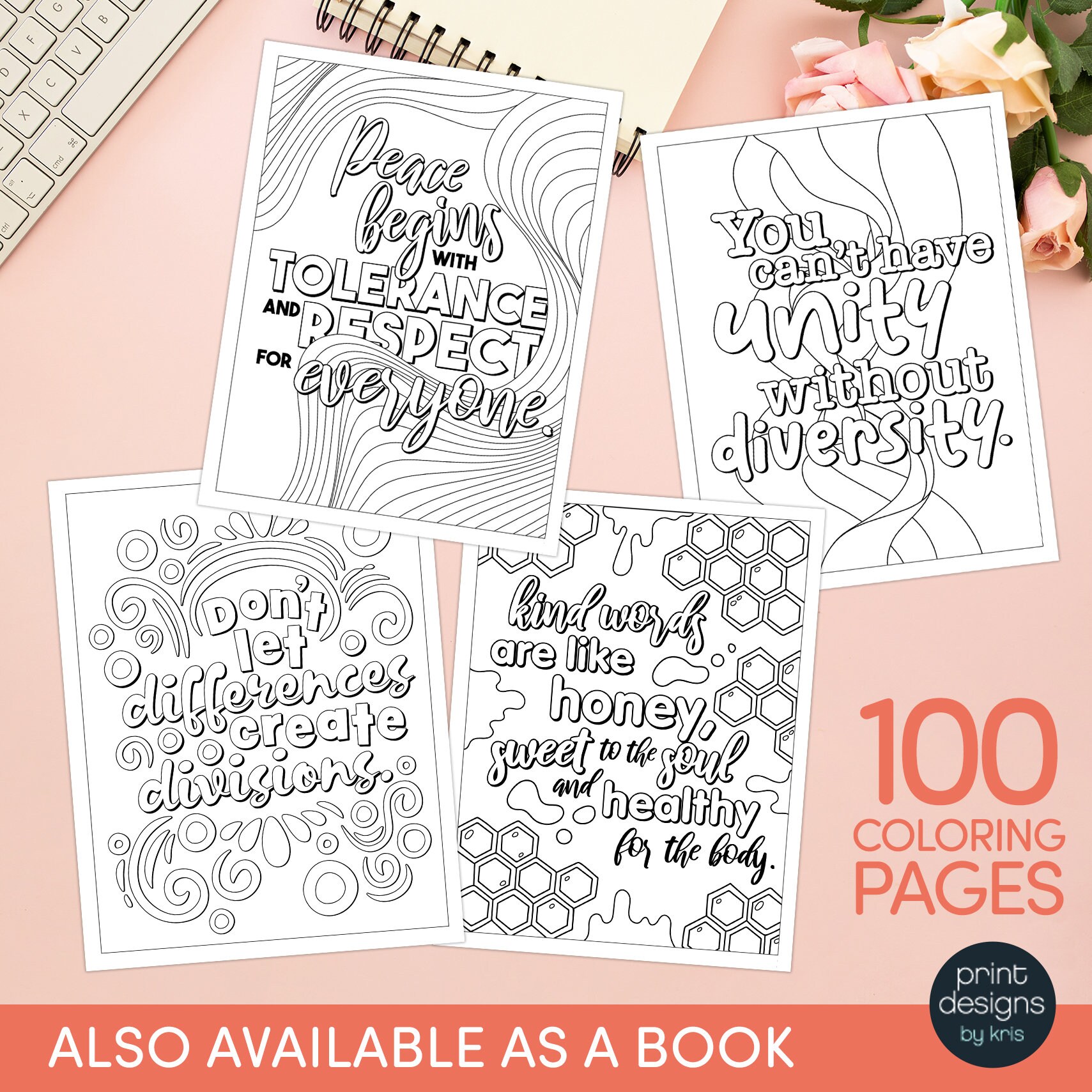 100 Kindness, Inclusions, Diversity Quotes Adult Coloring Pages or Teen ...