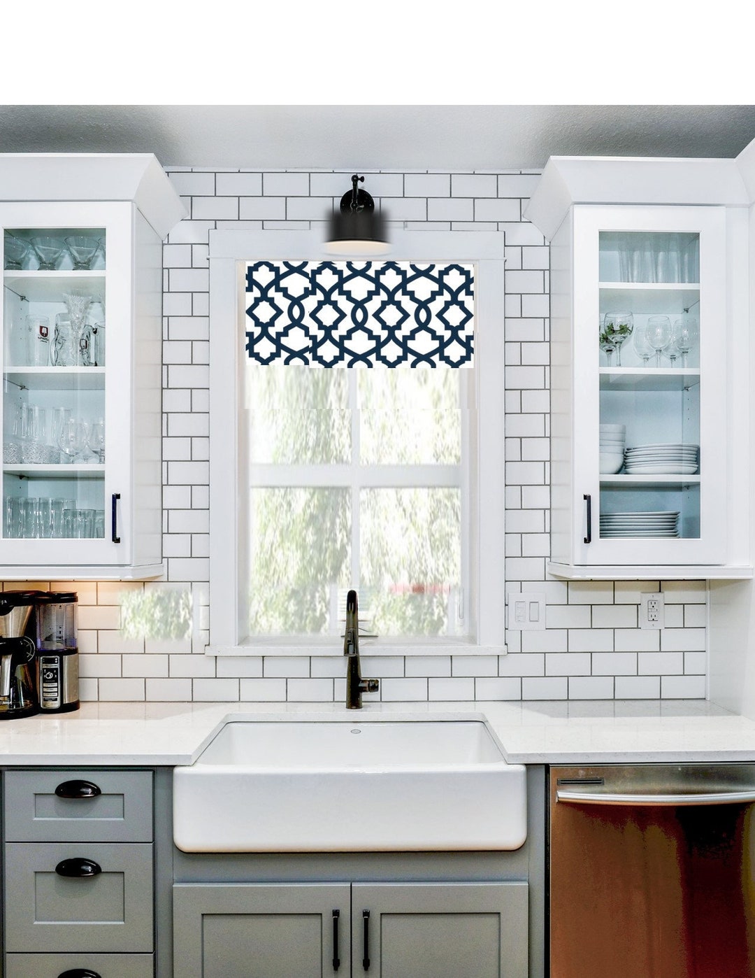 Straight Valance in Navy and White Lattice Print, Fully Lined, 100% ...