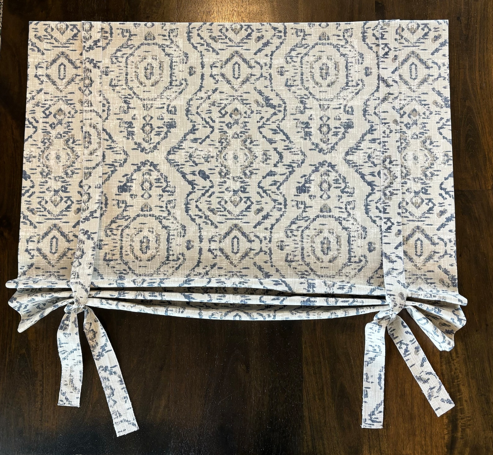 Custom Made, Fully Lined Tie up Valance in Deep Blue and White Fabrics ...