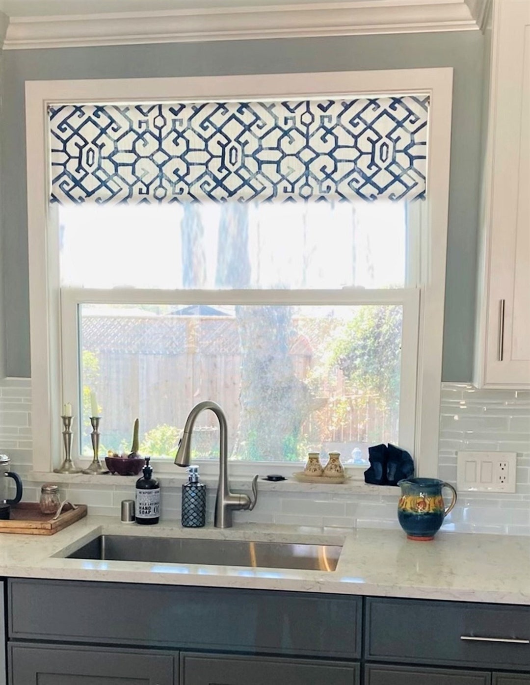 Straight Custom Valance in Modern Blue & White Print, Fully Lined ...