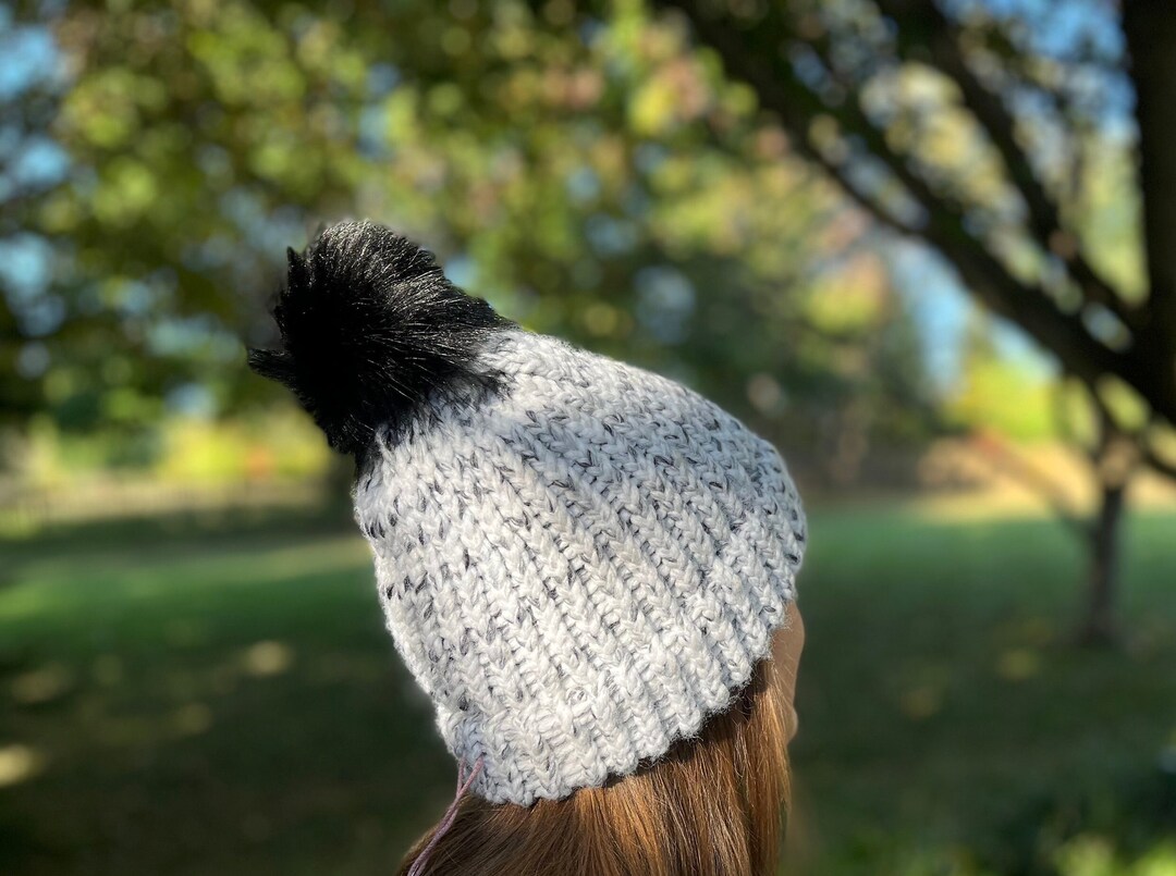 Homemade Knit Hats With Faux Fur Puffball for Adults White and Black ...