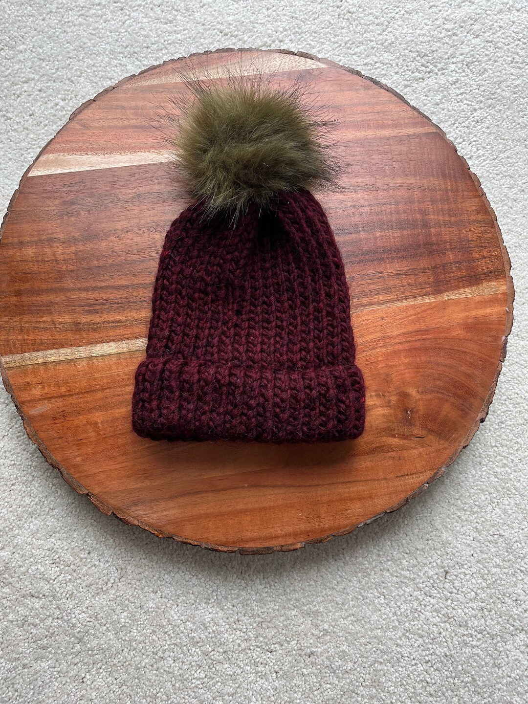 Homemade Knit Hats With Faux Fur Puffball for Babies Dark Red Beanie ...