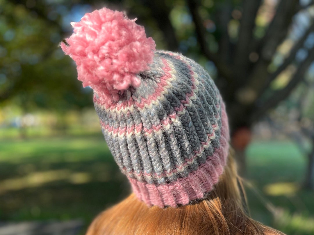 Homemade Knit Hats With Puffball for Adults Light Pink, Teal & White ...