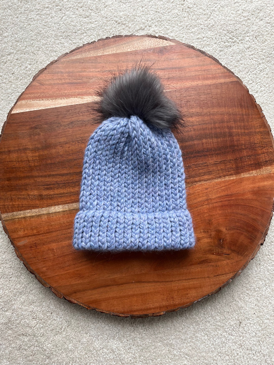 Homemade Knit Hats With Faux Fur Puffball for Babies Ice Blue & Grey ...