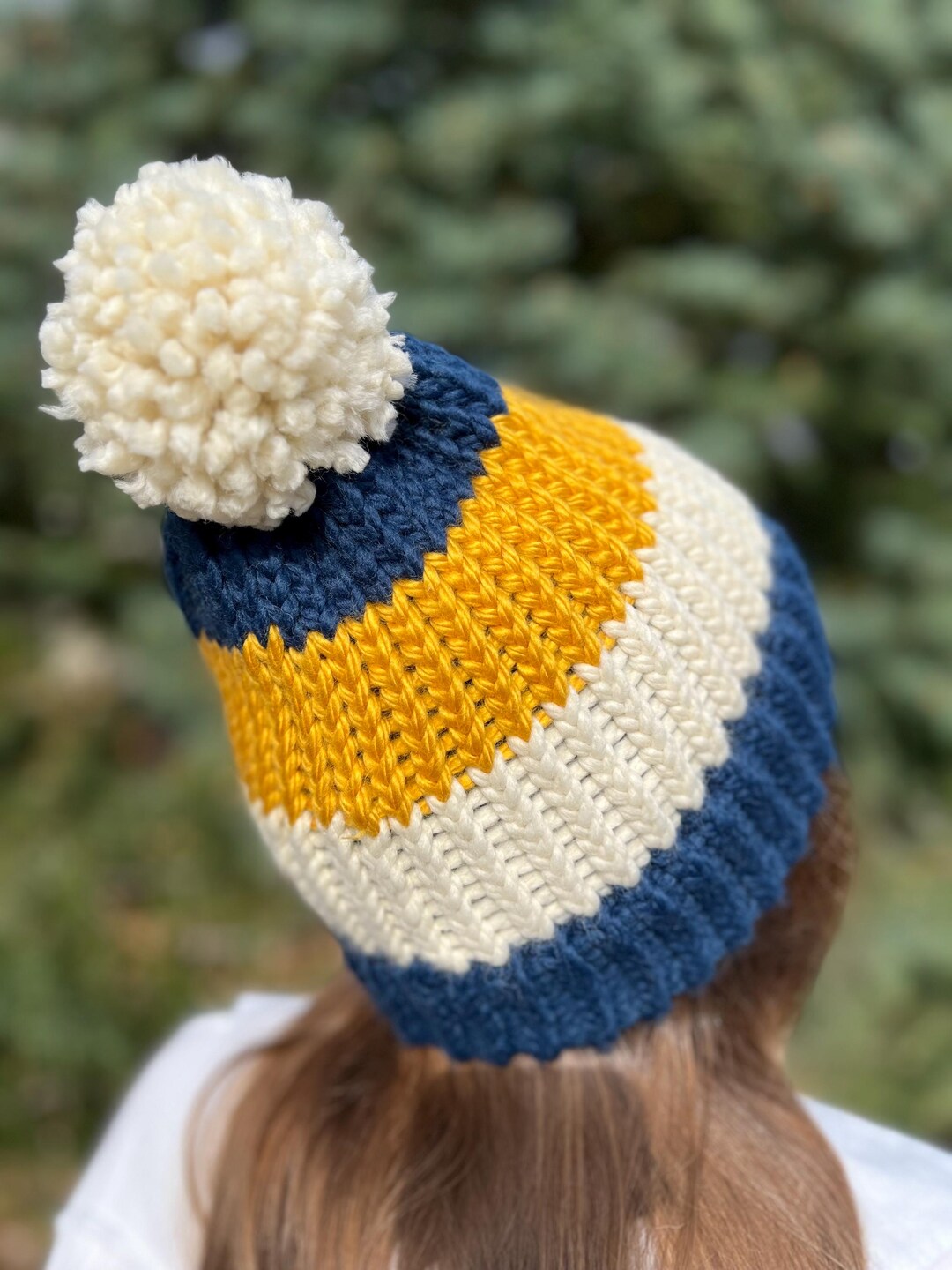 Chunky Knit Hat With Puffball for Adults | Navy, Gold & White Beanie ...