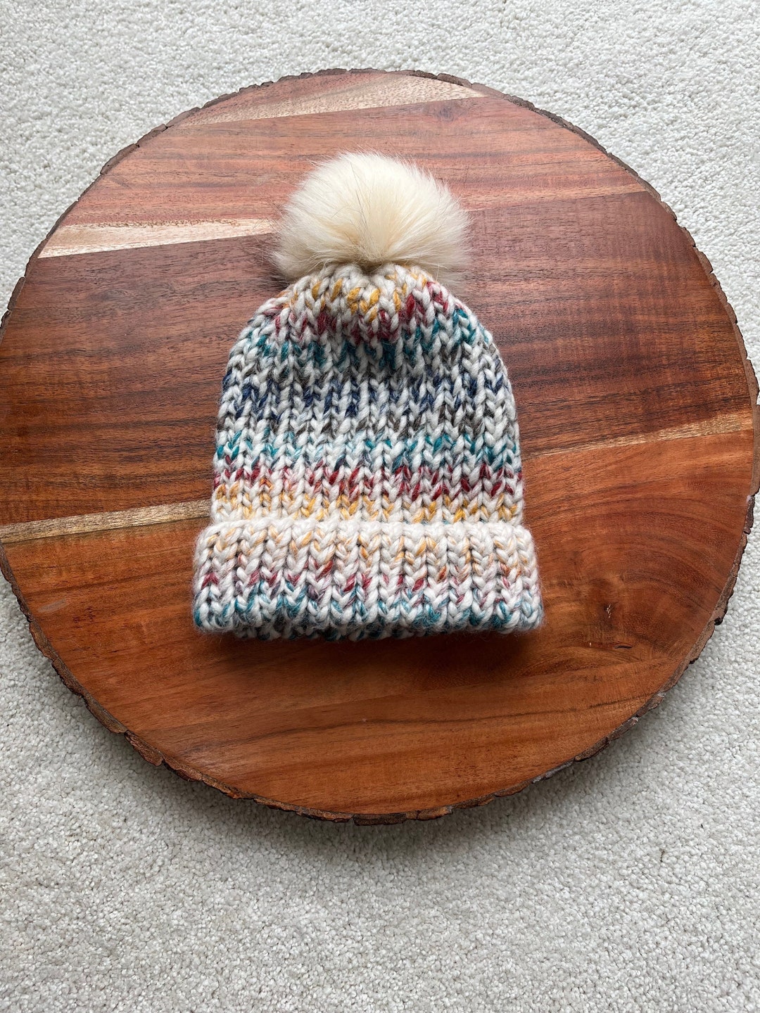 Colorful Rainbow Baby Beanie With Faux Fur Puffball Handmade White ...