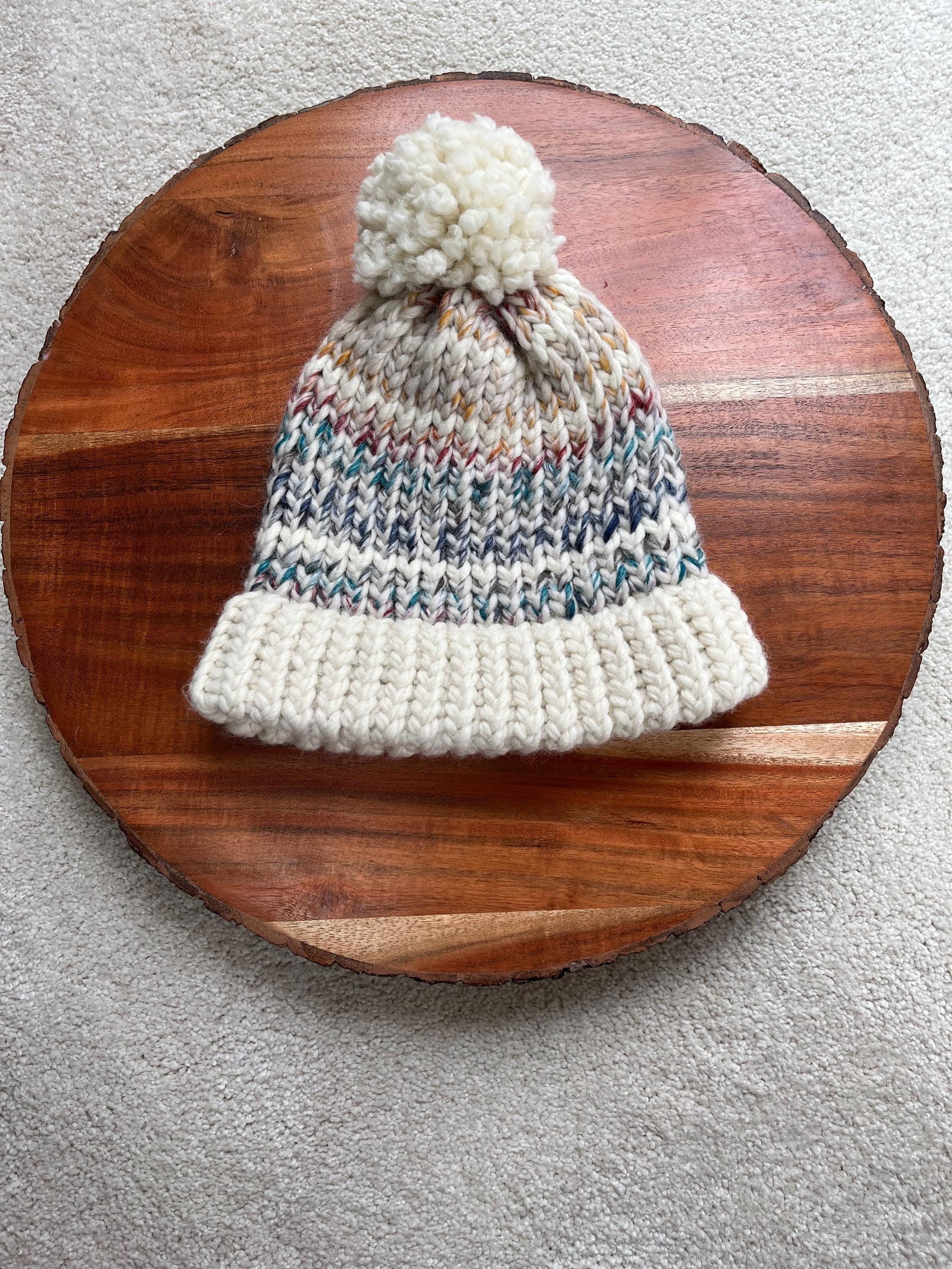 Chunky Knit Beanie With Puffball for Kids | Cream & Rainbow Stripes ...