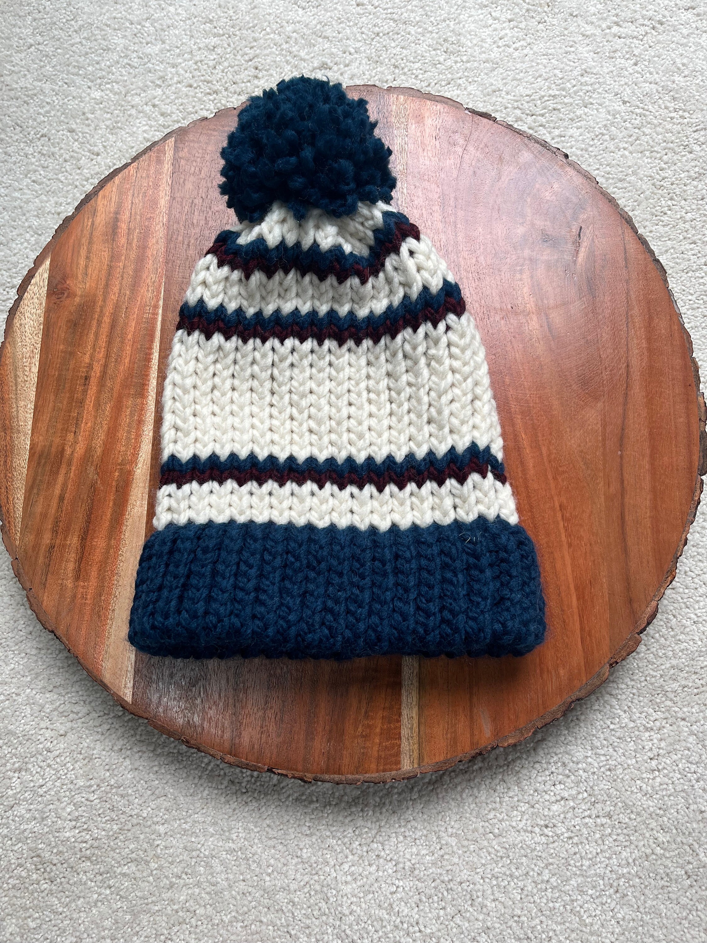 Chunky Knit Beanie With Puffball for Adults | Red, White & Blue ...