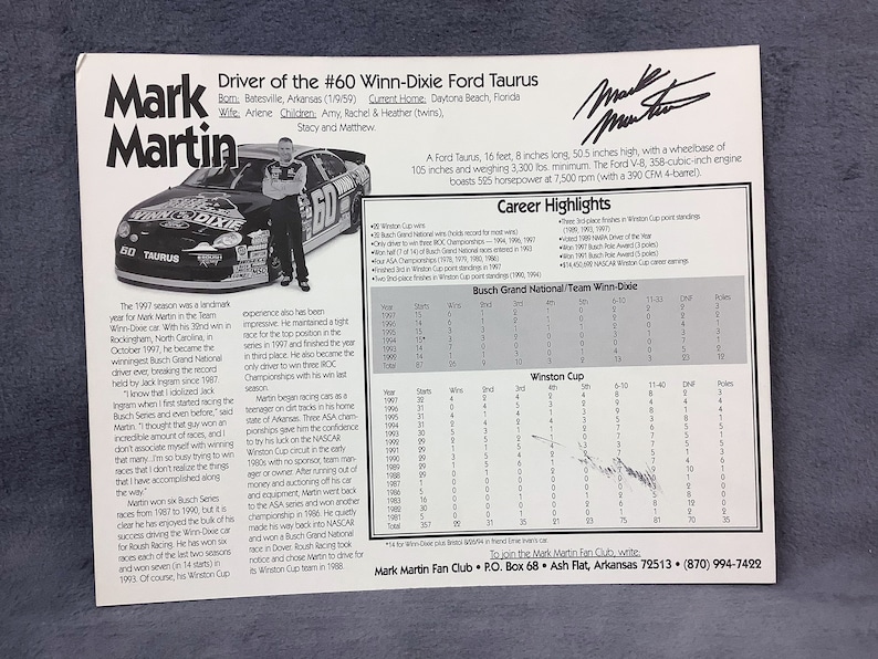 Mark Martin Signed 1998 NASCAR Bush Grand National Series 50 Winn Dixie ...