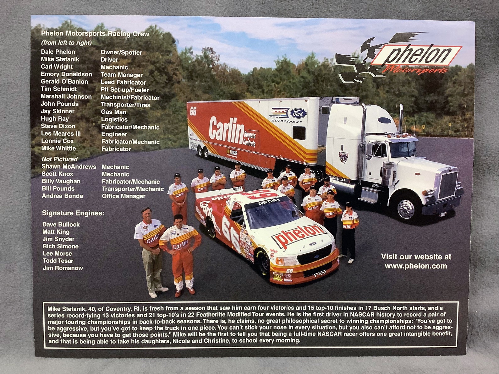 Mike Stefanik Signed 1999 NASCAR Craftsman Truck Series #66 Phelon ...