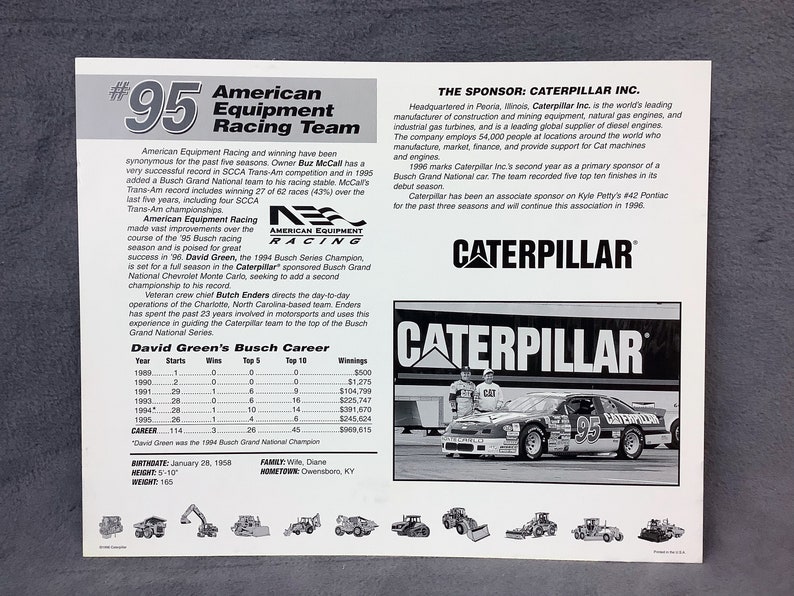 David Green Signed 1996 NASCAR Bush Grand National Series 95 CAT Racing ...