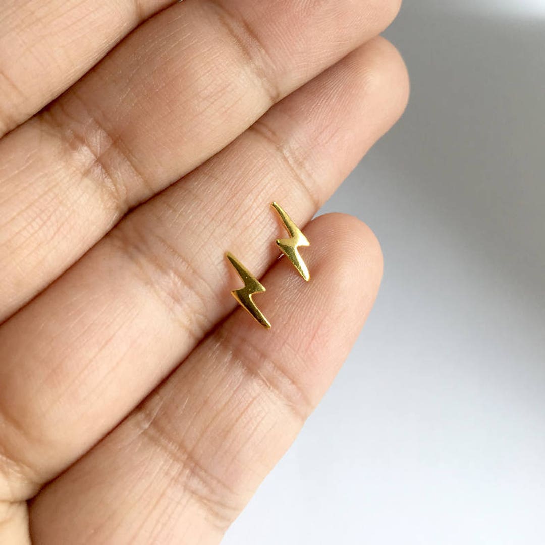 Tiny Gold Thunder Bolt Stud Earrings - 925 Sterling Silver - Lightning ...