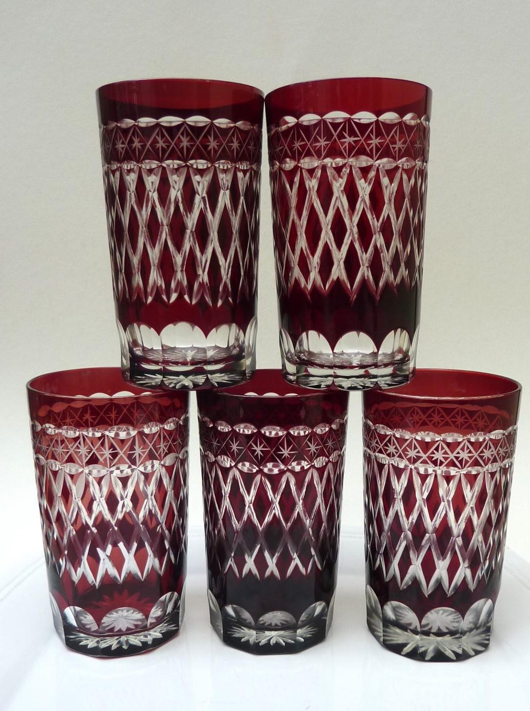 Bohemian Ruby Cut to Clear Water Glasses - Etsy