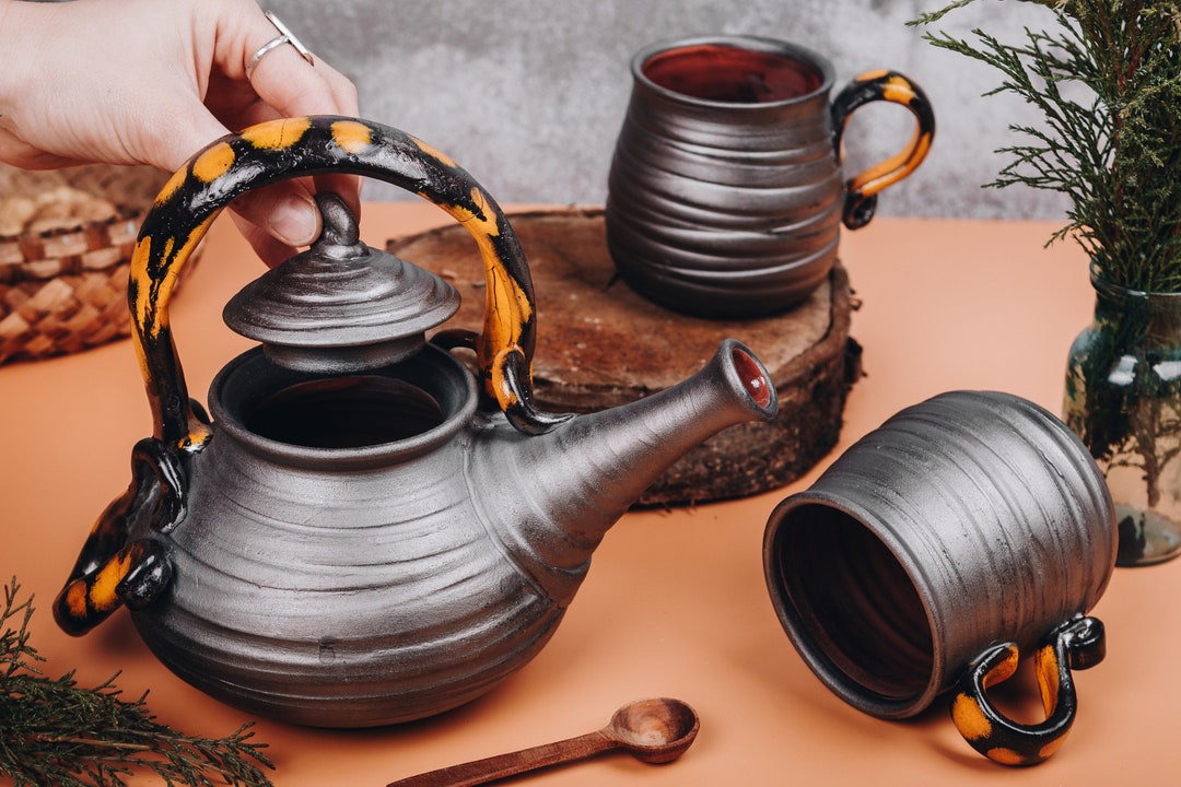 Black Ceramic Kettle, Handmade Сeramic Tea Set With Lizard Decoration ...