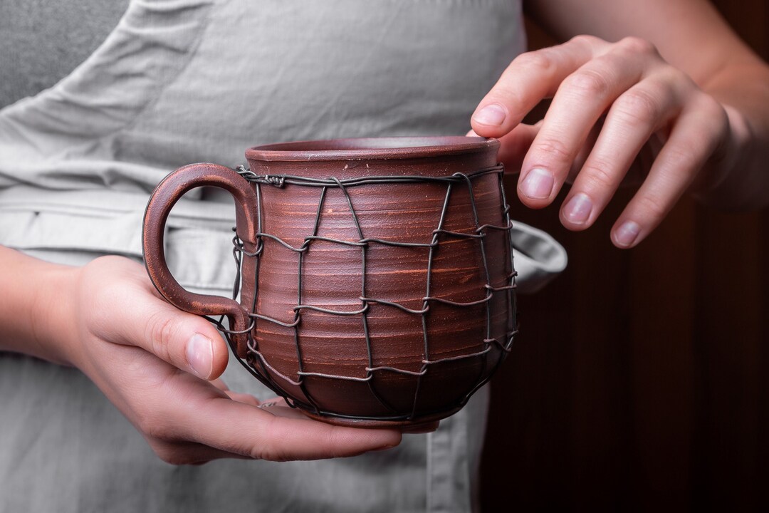 Ceramic Coffee Mug, Handmade Ethno Technic Natural Mug, Metal Decor ...