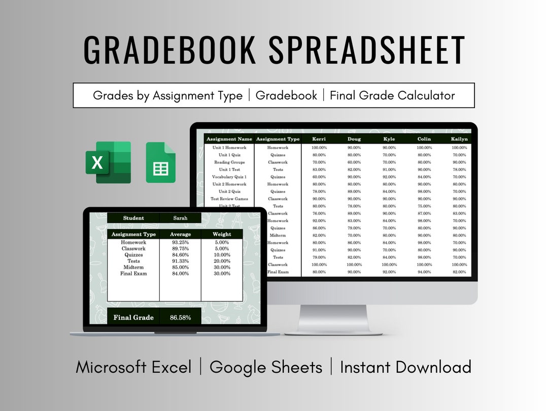 Gradebook Spreadsheet Template for Excel and Google Sheets, Digital ...