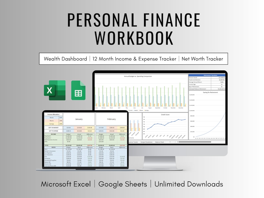 Personal Finance Workbook Spreadsheet for Excel and Google Sheets ...