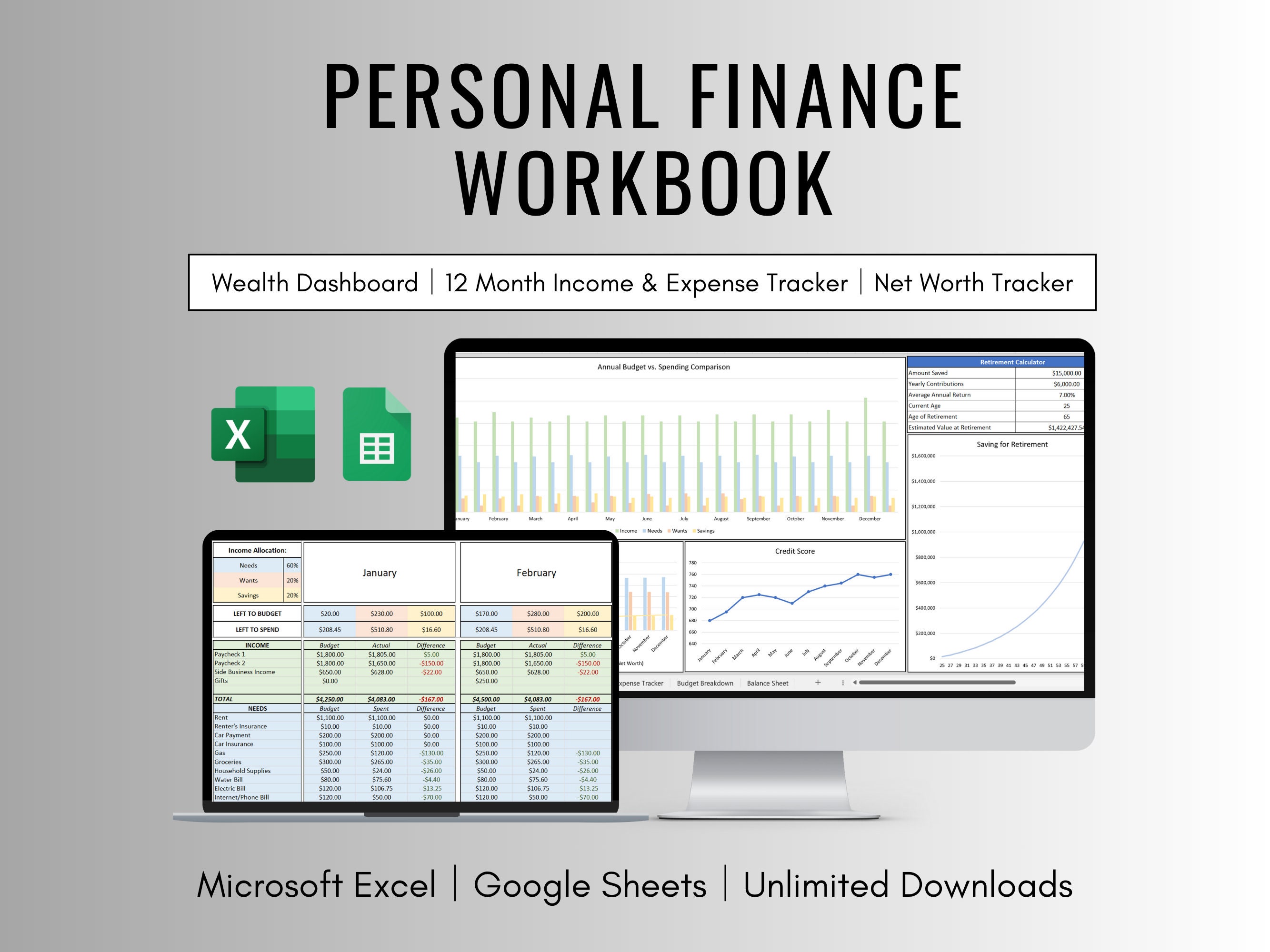 Personal Finance Workbook Spreadsheet for Excel and Google Sheets ...