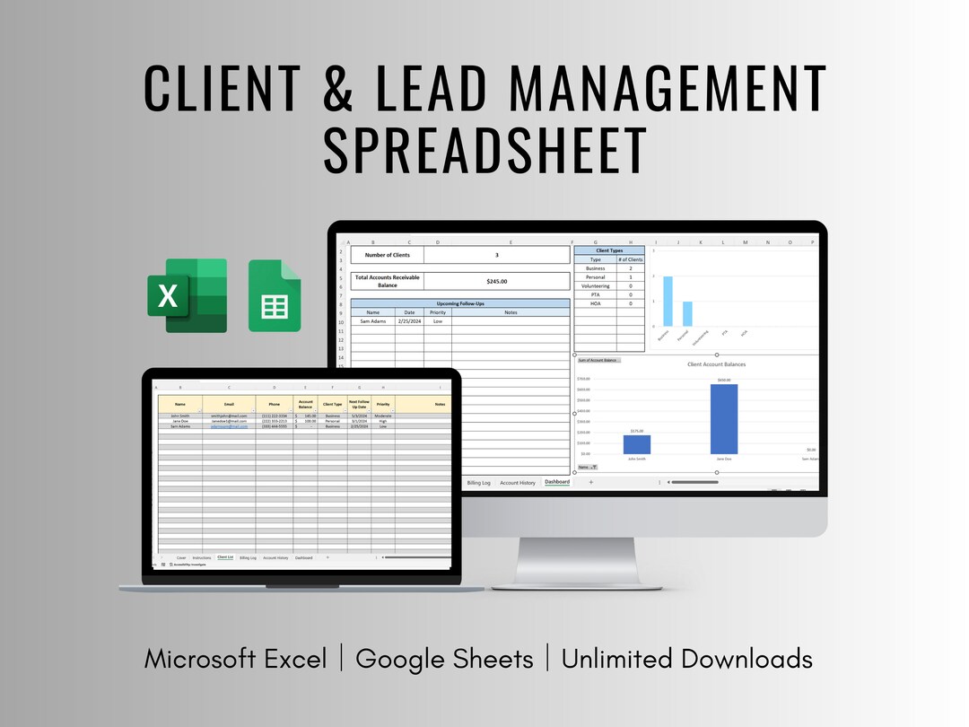 Client Management Spreadsheet for Excel and Google Sheets , Lead ...