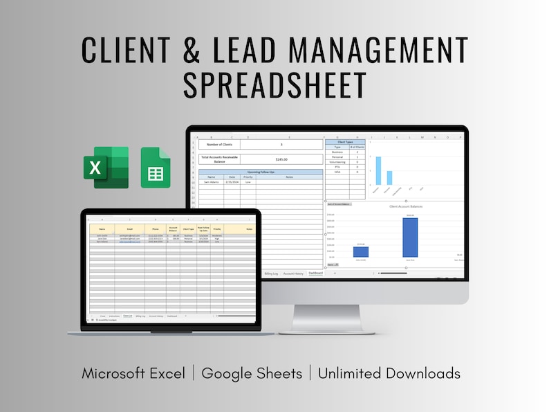 Client Management Spreadsheet for Excel and Google Sheets , Lead Tracking Spreadsheet , Client ...