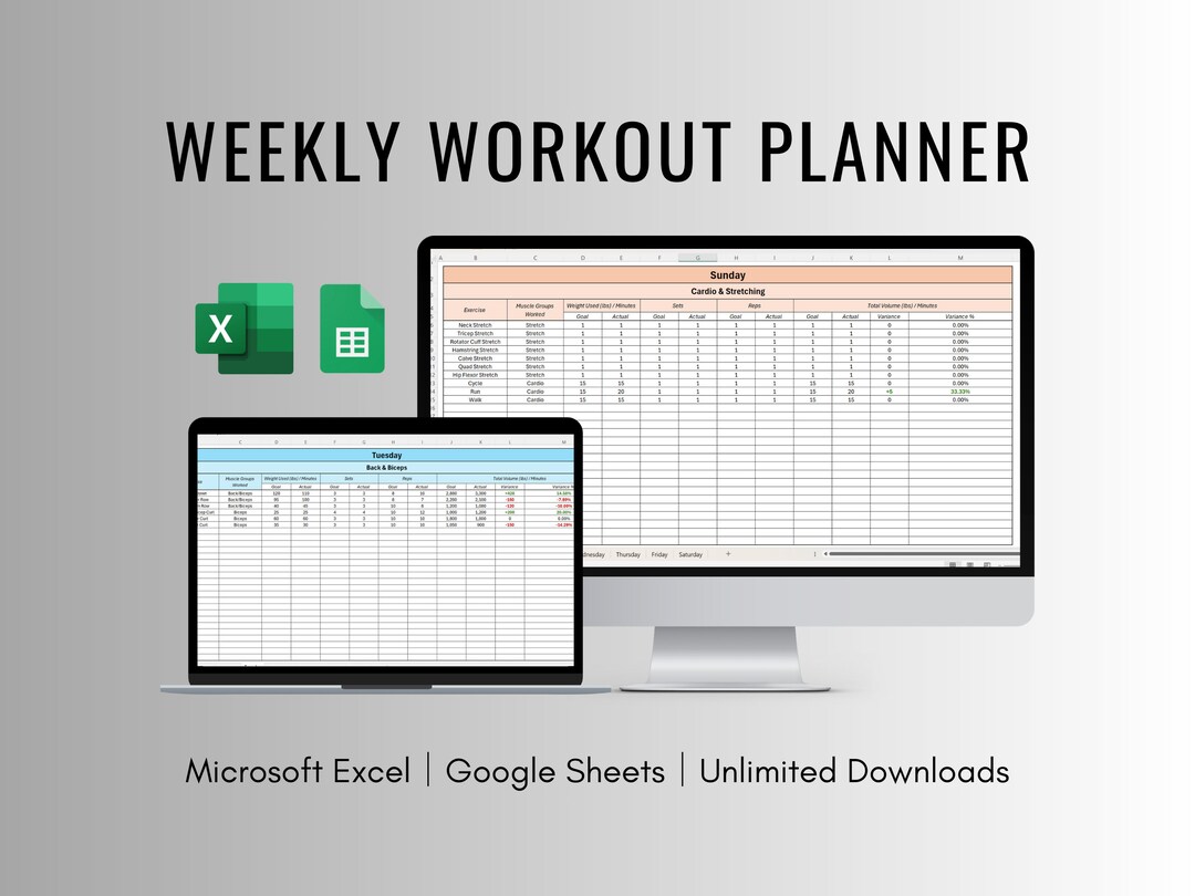Weekly Workout Planner Spreadsheet for Excel and Google Sheets ...