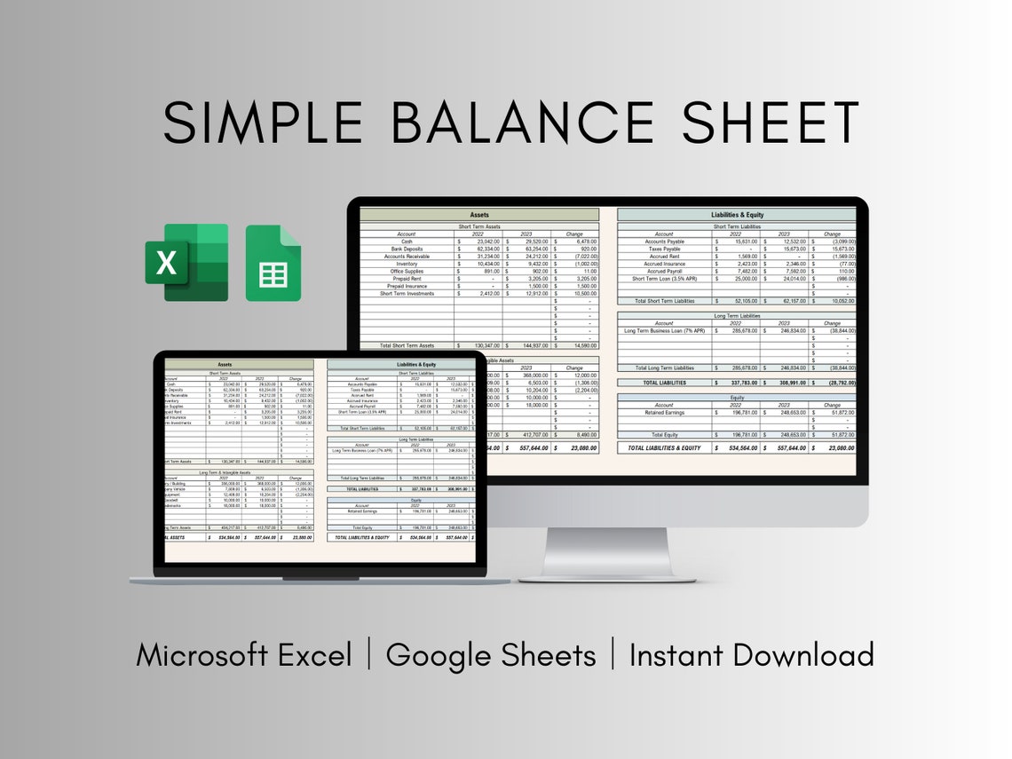 Simple Balance Sheet Spreadsheet Template Basic Balance - Etsy