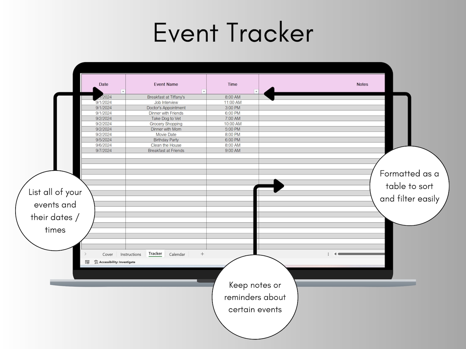 Calendar and Event Tracker Spreadsheet for Excel and Google Sheets ...