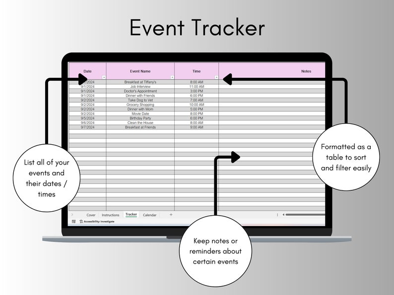 Calendar and Event Tracker Spreadsheet for Excel and Google Sheets ...