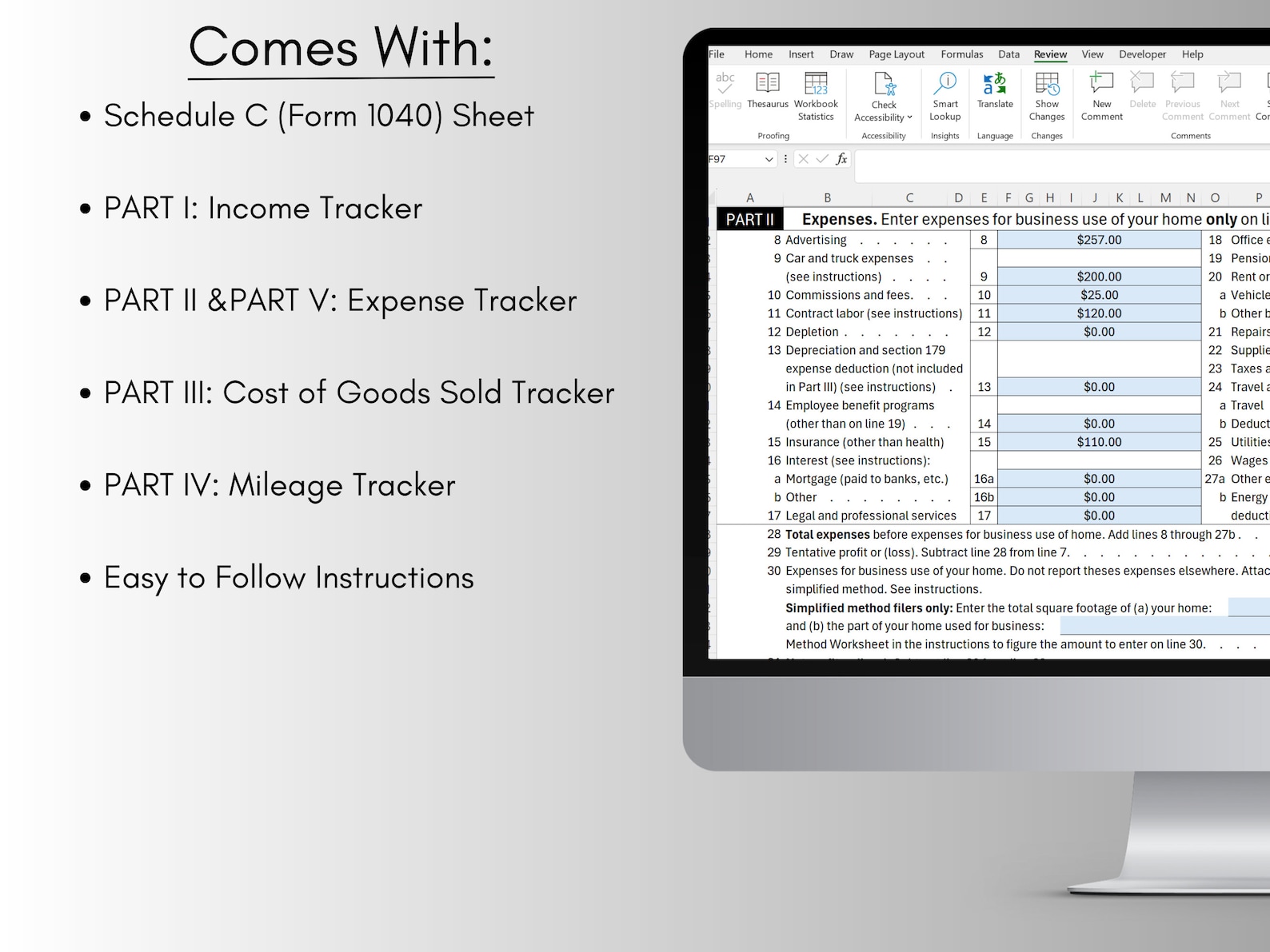 Schedule C Accounting and Bookkeeping Spreadsheet for Excel and Google ...