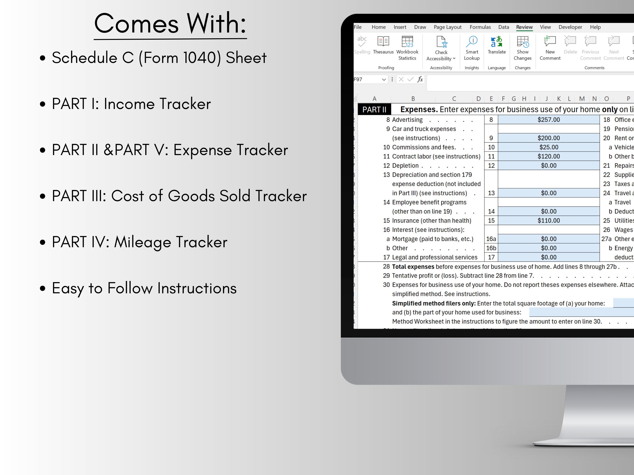 Schedule C Accounting and Bookkeeping Spreadsheet for Excel and Google ...
