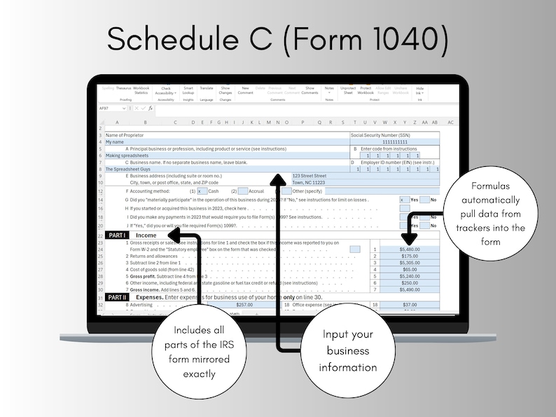 Schedule C Accounting and Bookkeeping Spreadsheet for Excel and Google ...