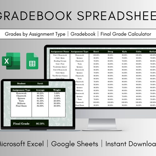 Gradebook Spreadsheet Template for Excel and Google Sheets - Etsy