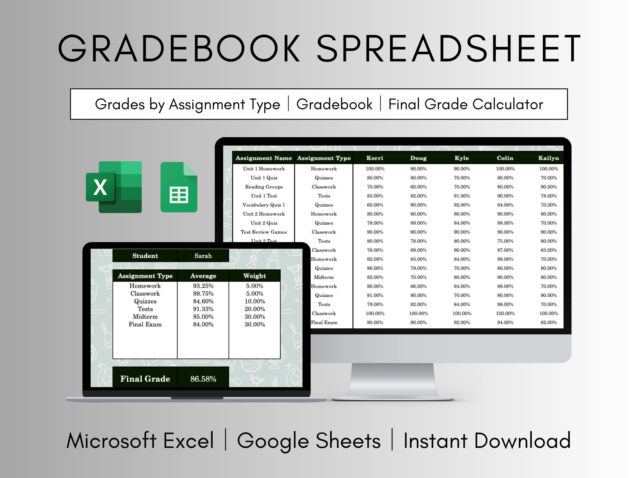 Gradebook Spreadsheet Template for Excel and Google Sheets - Etsy