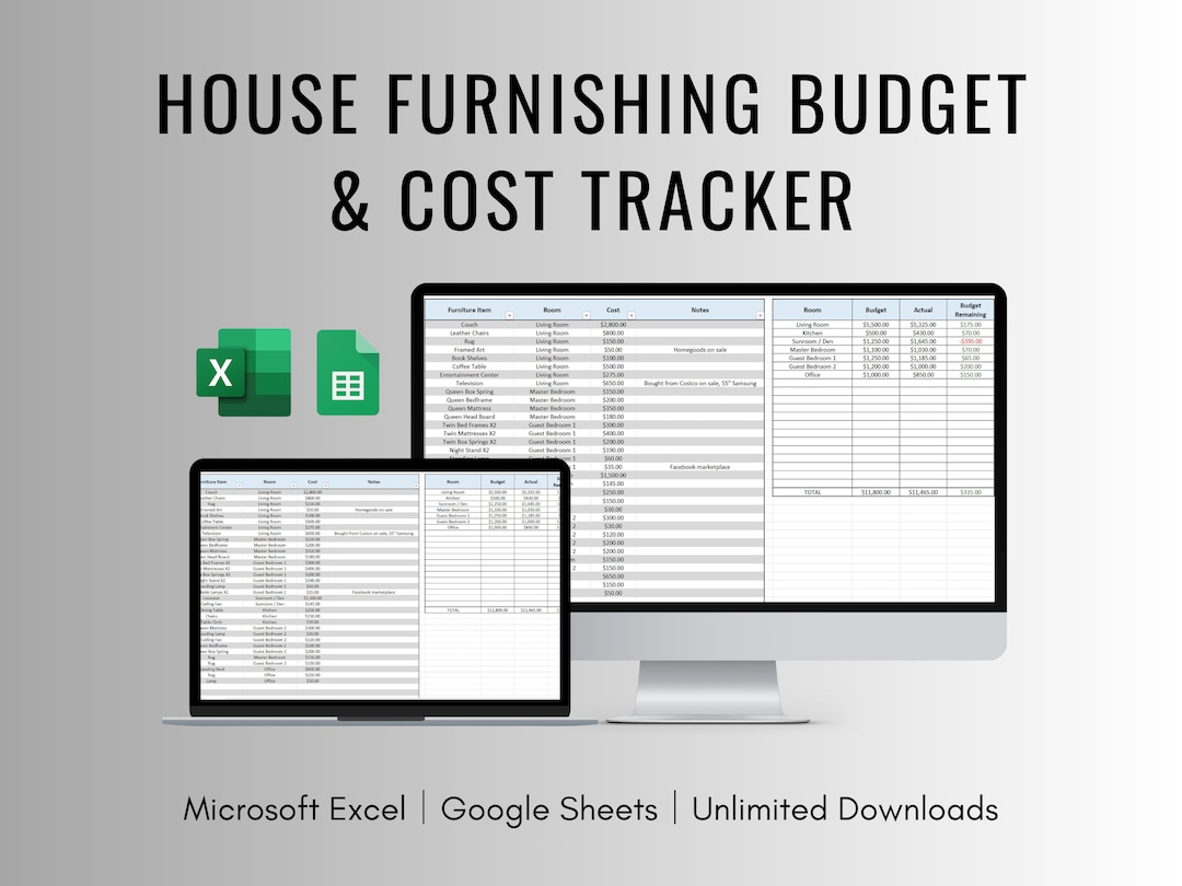 House Furnishing Budget Tracker Spreadsheet Template for Excel & Google ...
