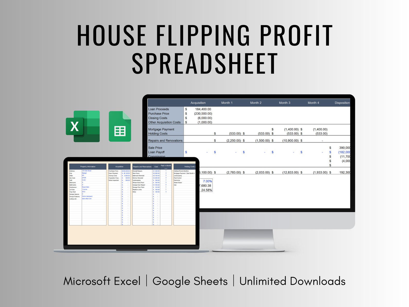 House Flipping Profit and Cost Analysis Spreadsheet for Excel and ...