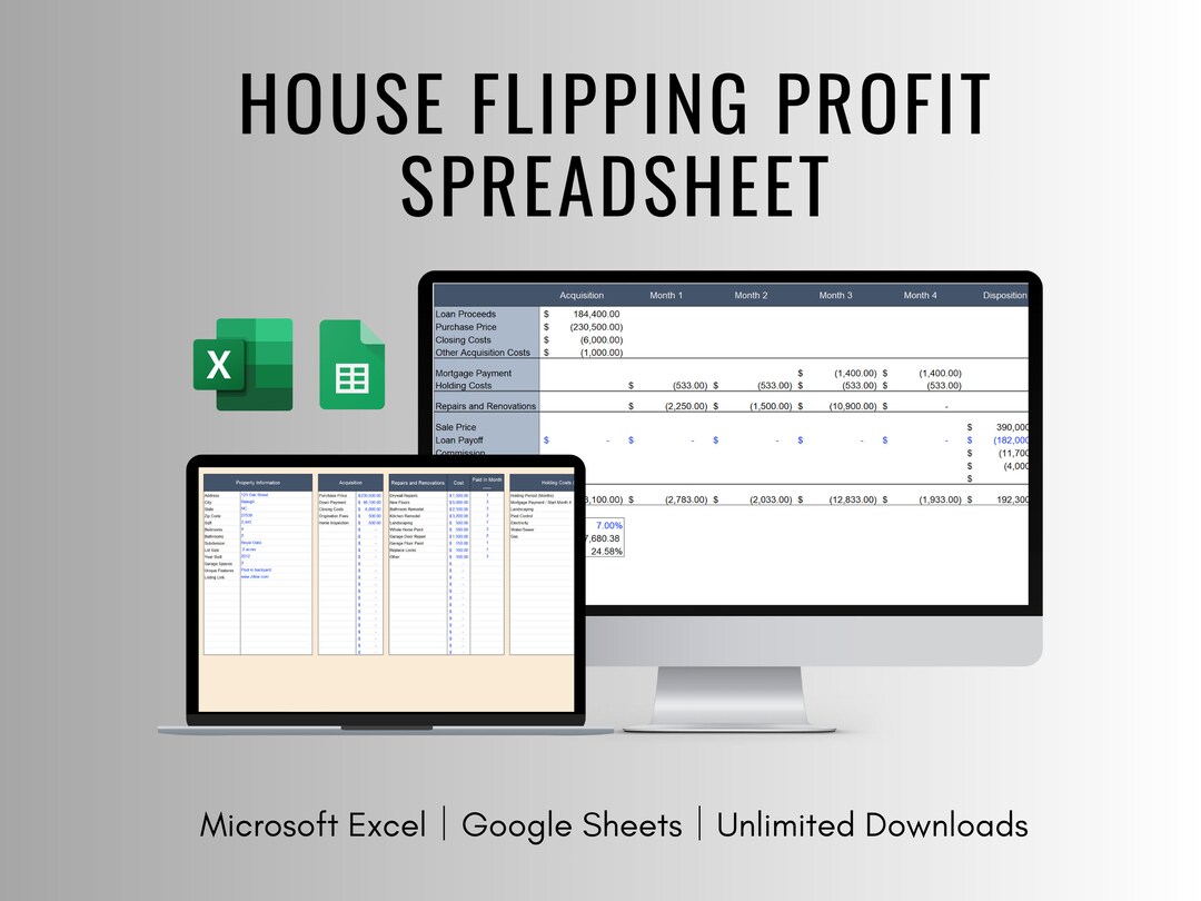 House Flipping Profit and Cost Analysis Spreadsheet for Excel and ...