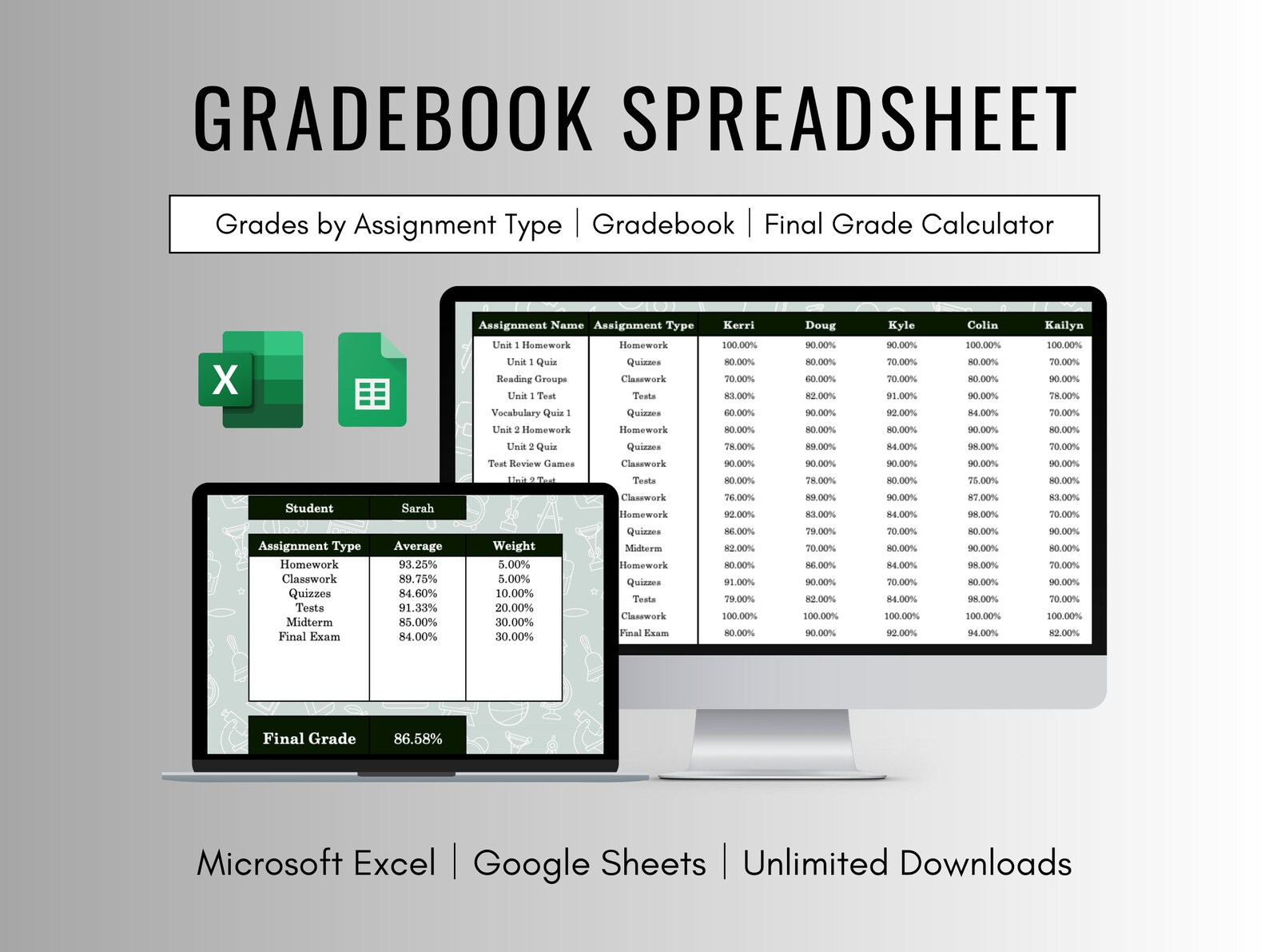 Gradebook Spreadsheet Template for Excel & Google Sheets , Grade ...